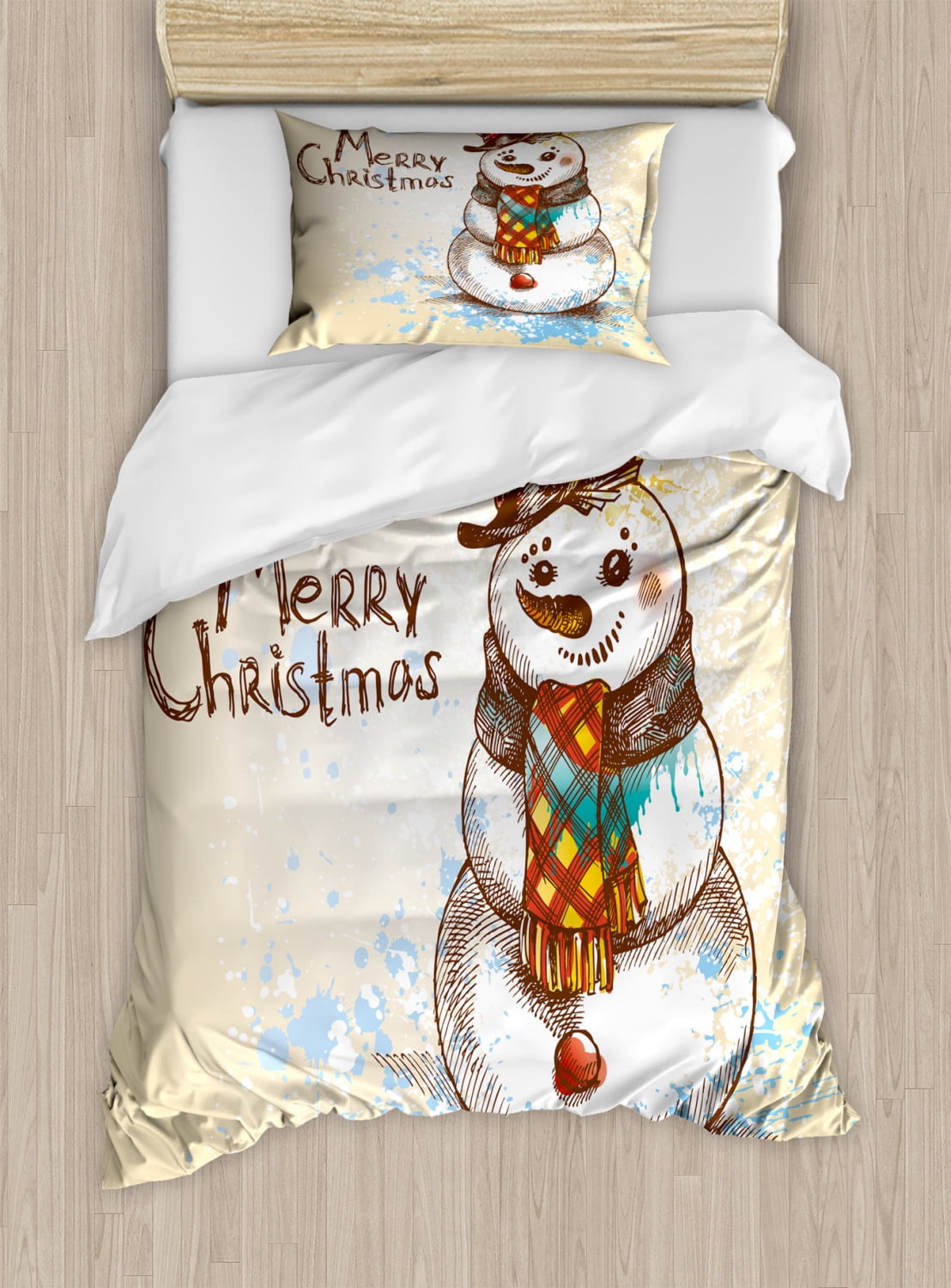 Snowman Duvet Cover Set Twin Size, Artistic Snowman with Winter ...