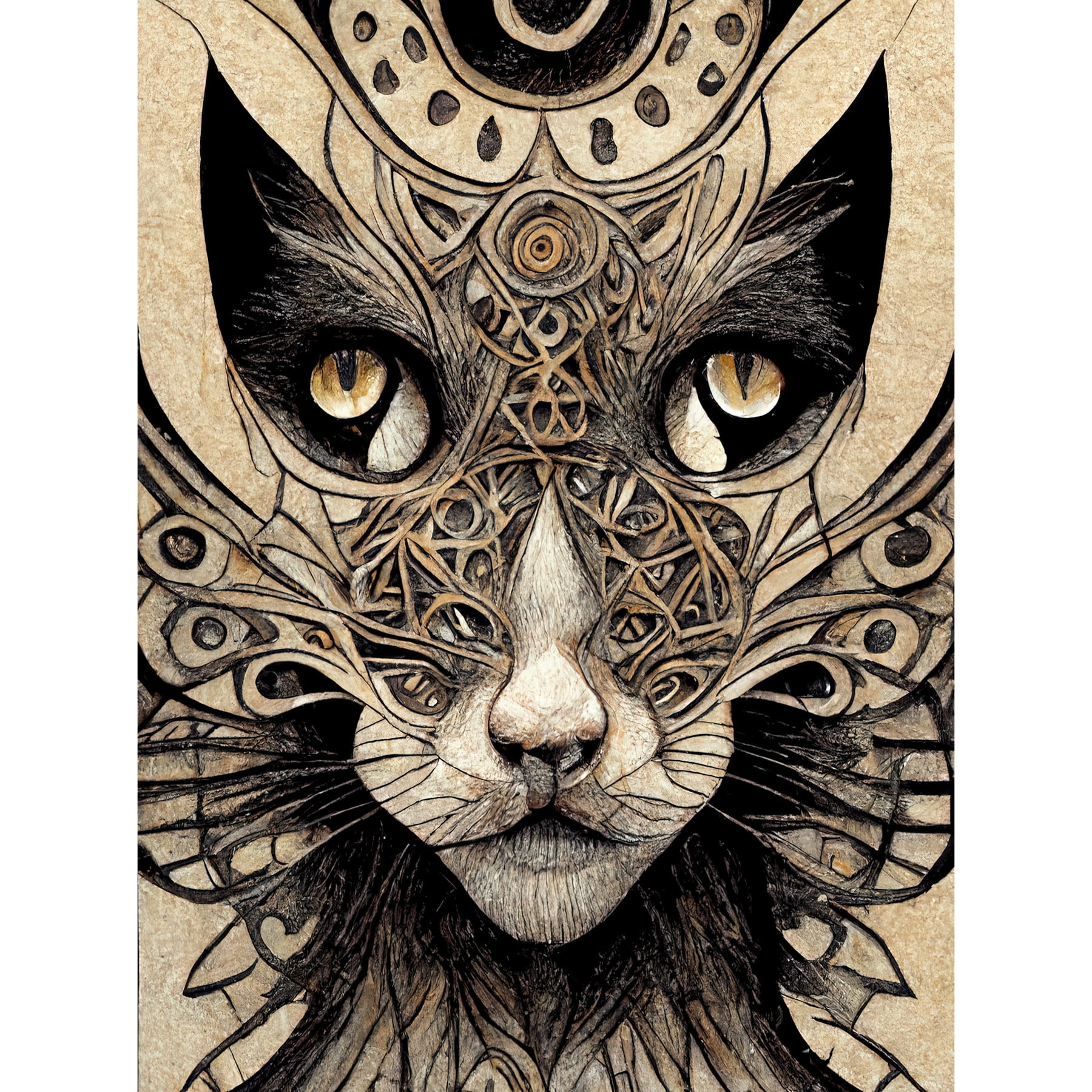 Abstract Cat Face Close Up With Tribal Patterns Textured Mask Unframed ...