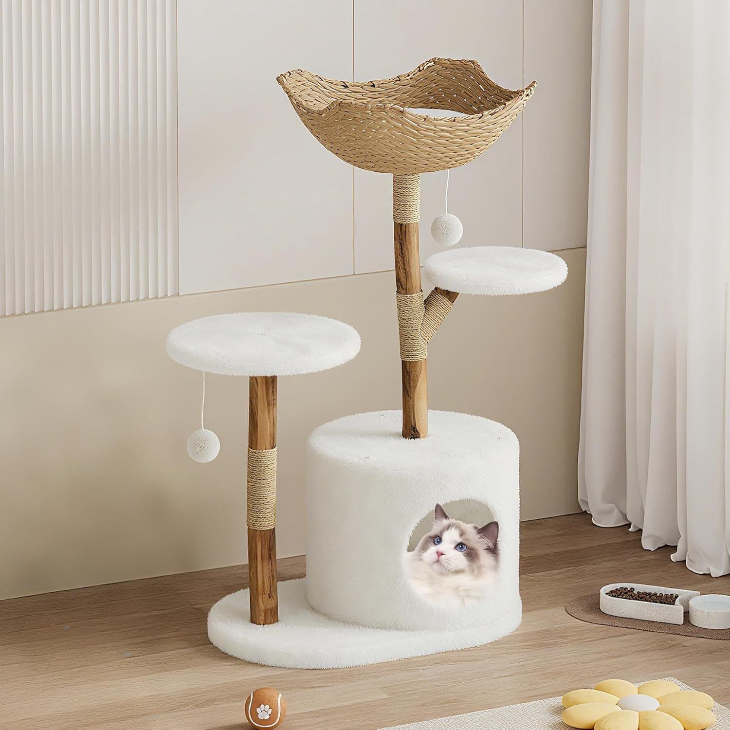 QinaQin Luxury 46in Modern Cat Tree for Large Cats Real Solid Wood ...