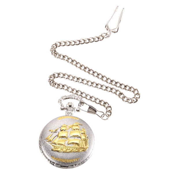 Vintage Pocket Watch Quartz Watch Cool Chain Golden Sailboat Cover ...