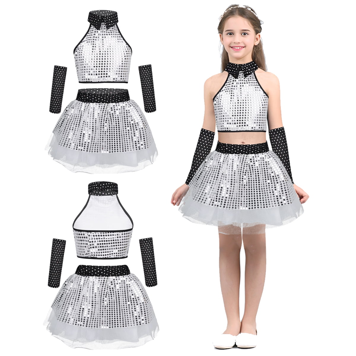 inhzoy Kids Girls Sequin Dance Crop with Tutu Skirt Arm Sleeves Modern ...