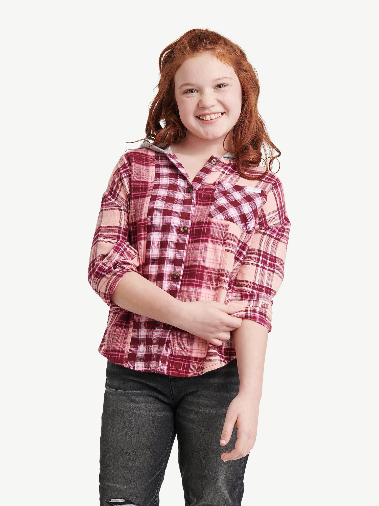 Justice Girls Long Sleeve Plaid Flannel With Hood, Sizes XS-XLP ...