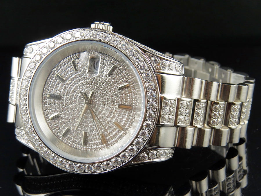 Mens White Gold Stainless Steel Presidential Simulated Diamond Watch ...