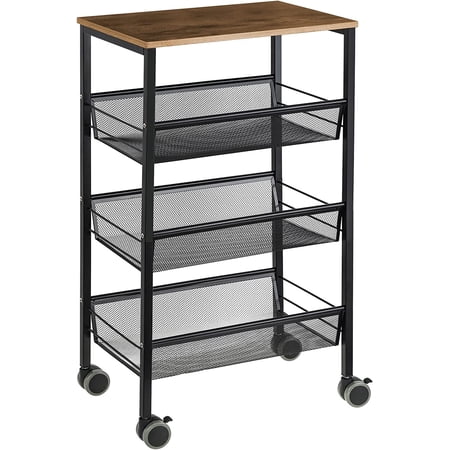 4-Tier Rack Trolley with Wooden Top Plate, Kitchen Storage Wagon, Multi ...