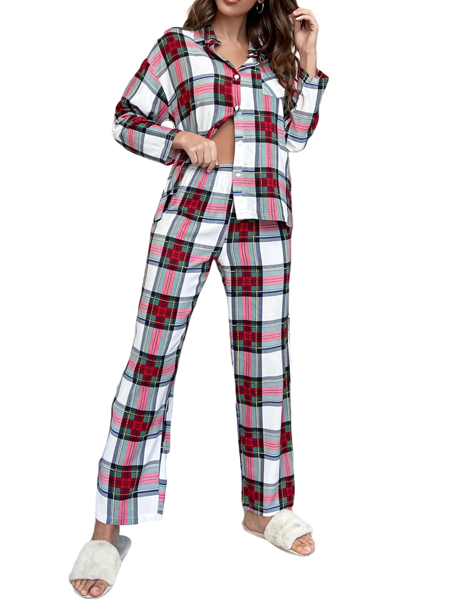 Women Pajamas Lounge Set Plaid Turn-Down Collar Long Sleeve Shirts Tops and Pants 2 Piece ...