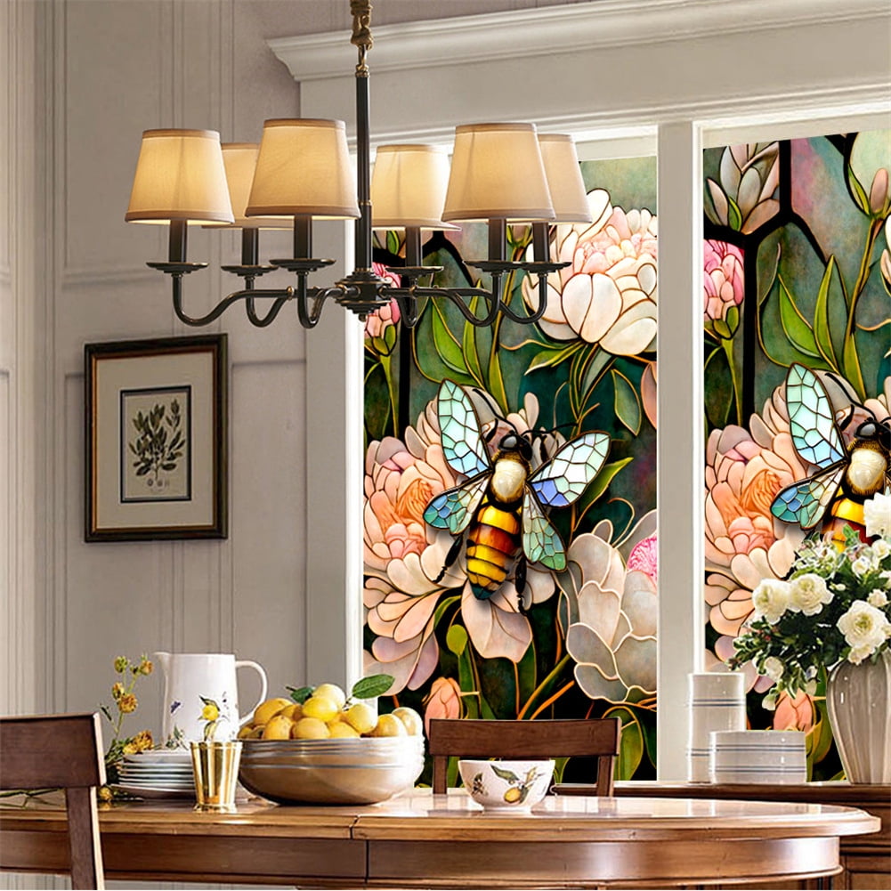 Floral Bee Static Window Stickers Non-adhesive Removable Sun Blocking ...