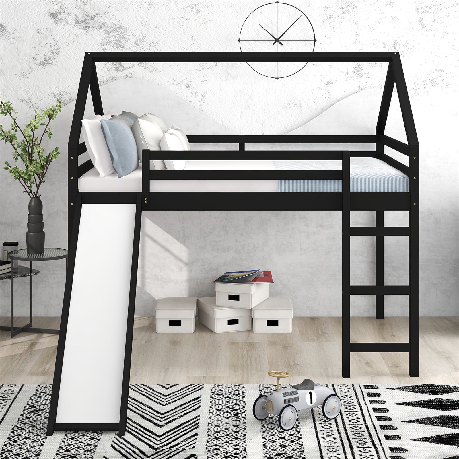 House Loft Bed Frame with Slide, Full Size Loft Bed with Guardrail and ...