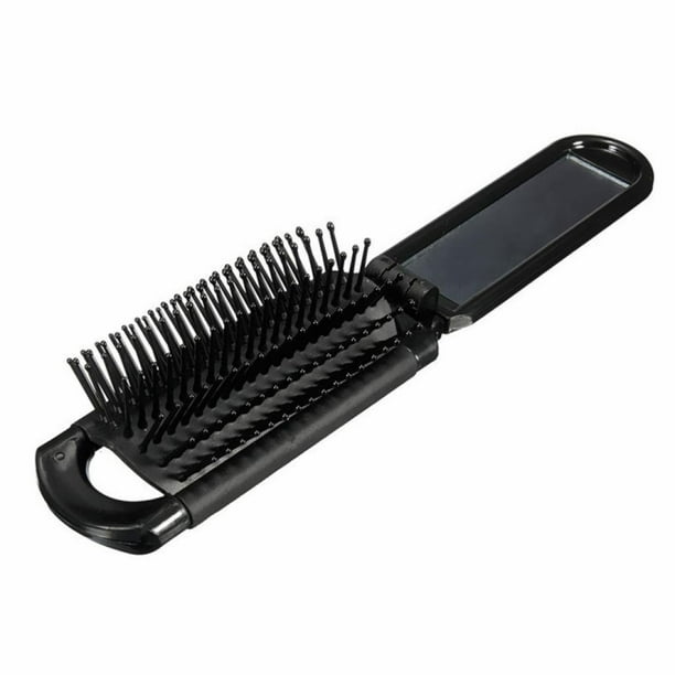 Portable Folding Hair Brush With Mirror Compact Travel Comb - Black (2 ...