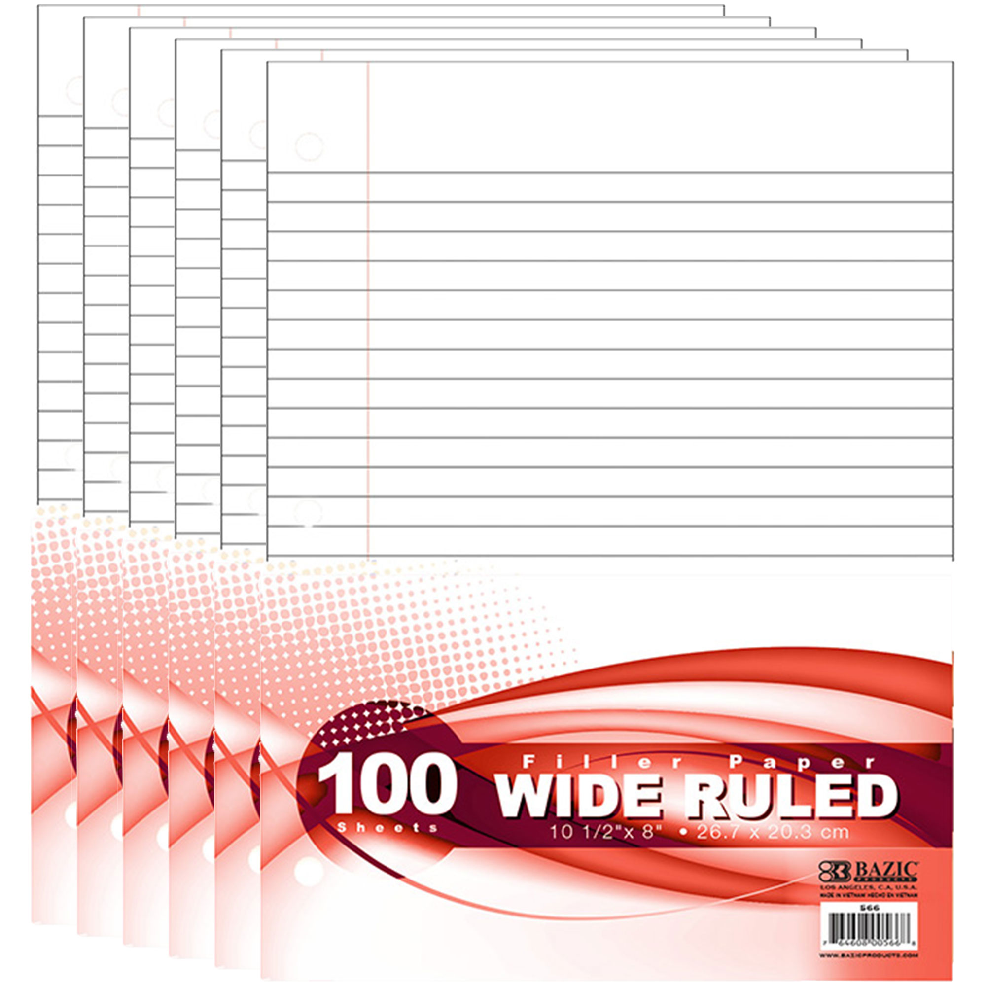 BAZIC Filler Paper Loose Leaf 100 Sheet, Wide Ruled 3 Hole Punched, 6 ...