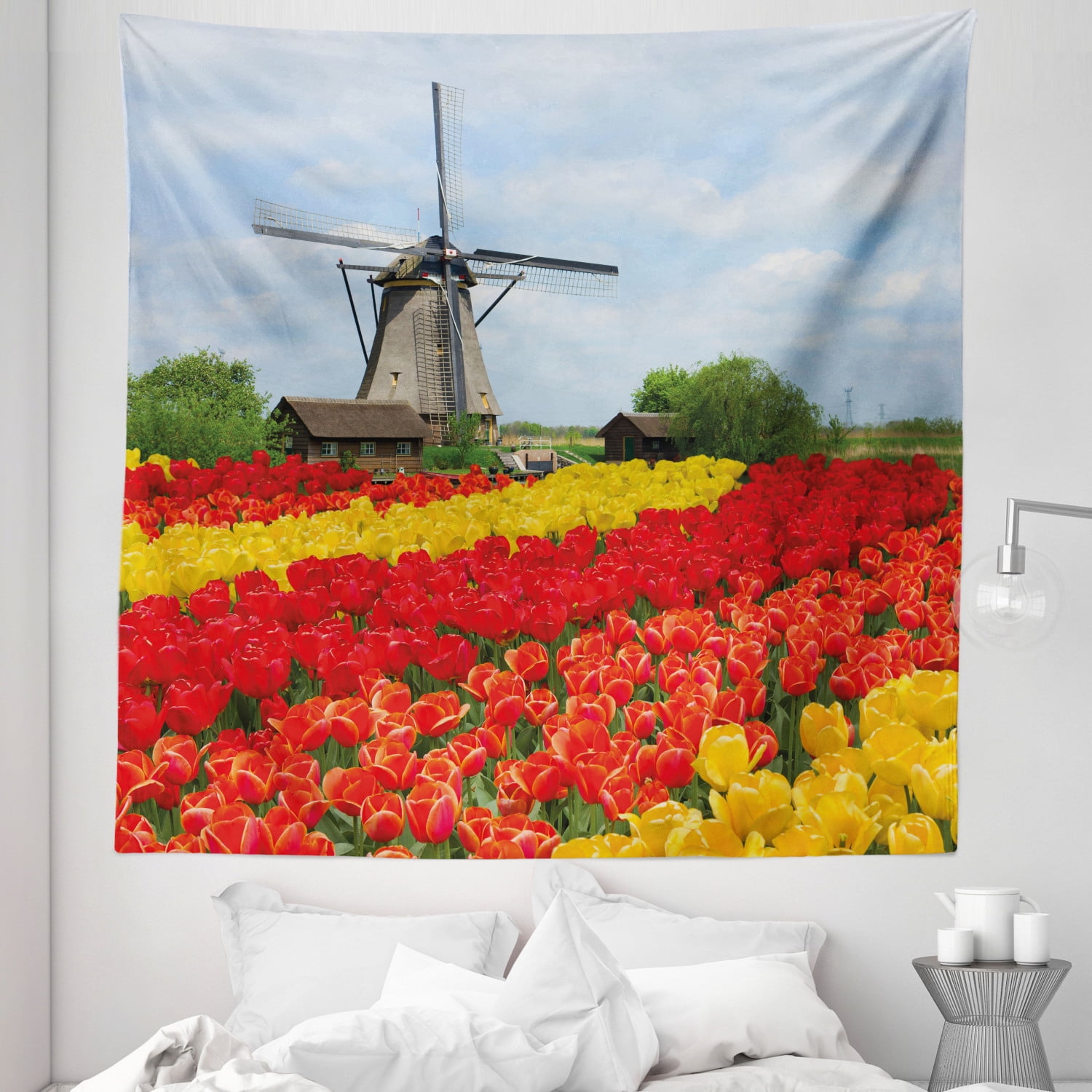 Windmill Tapestry, Rows of Colorful Tulips in Northern Europe Rural ...
