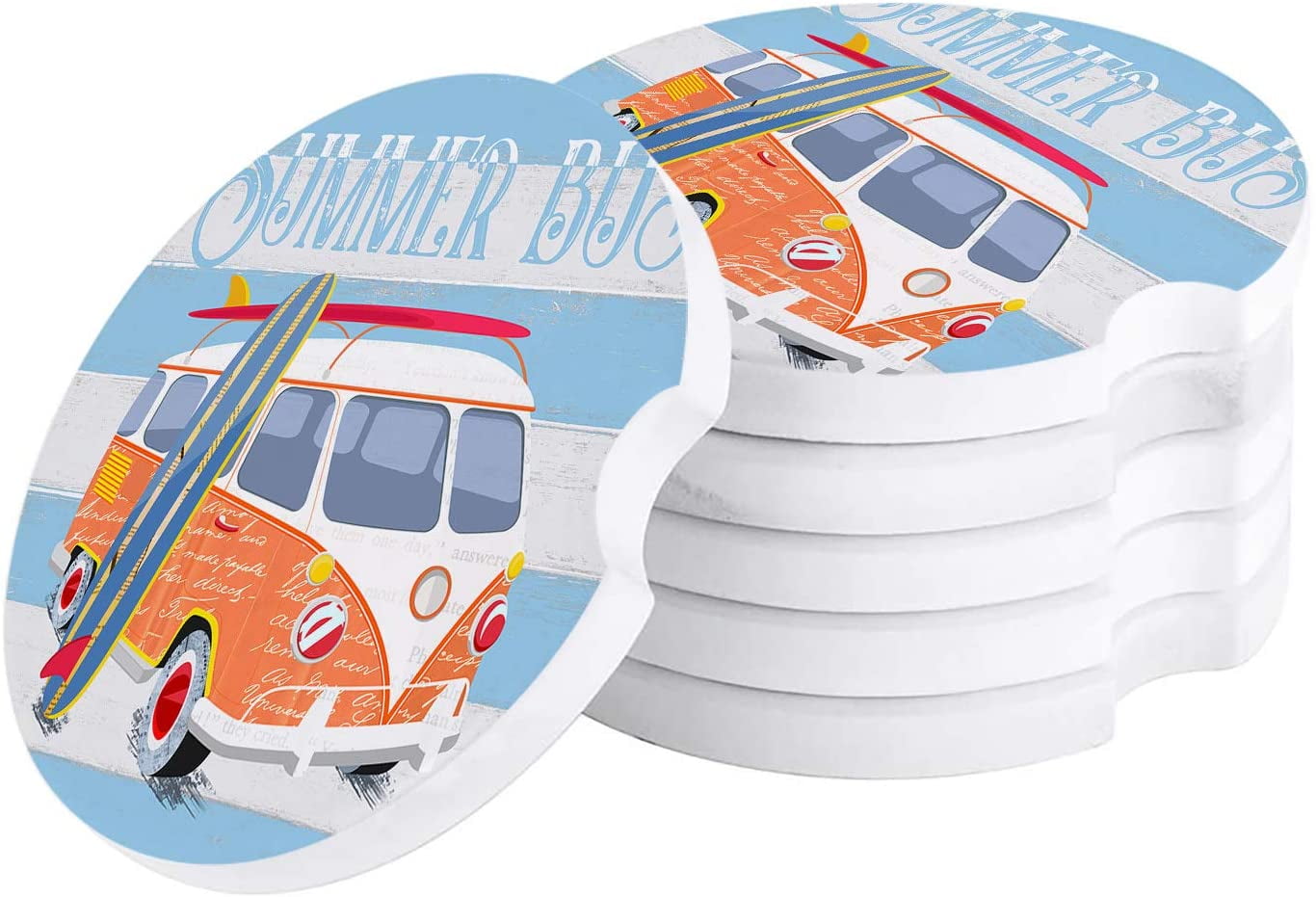 ZHANZZK Summer Bus and Surfboard Stripe Set of 2 Car Coaster for Drinks ...