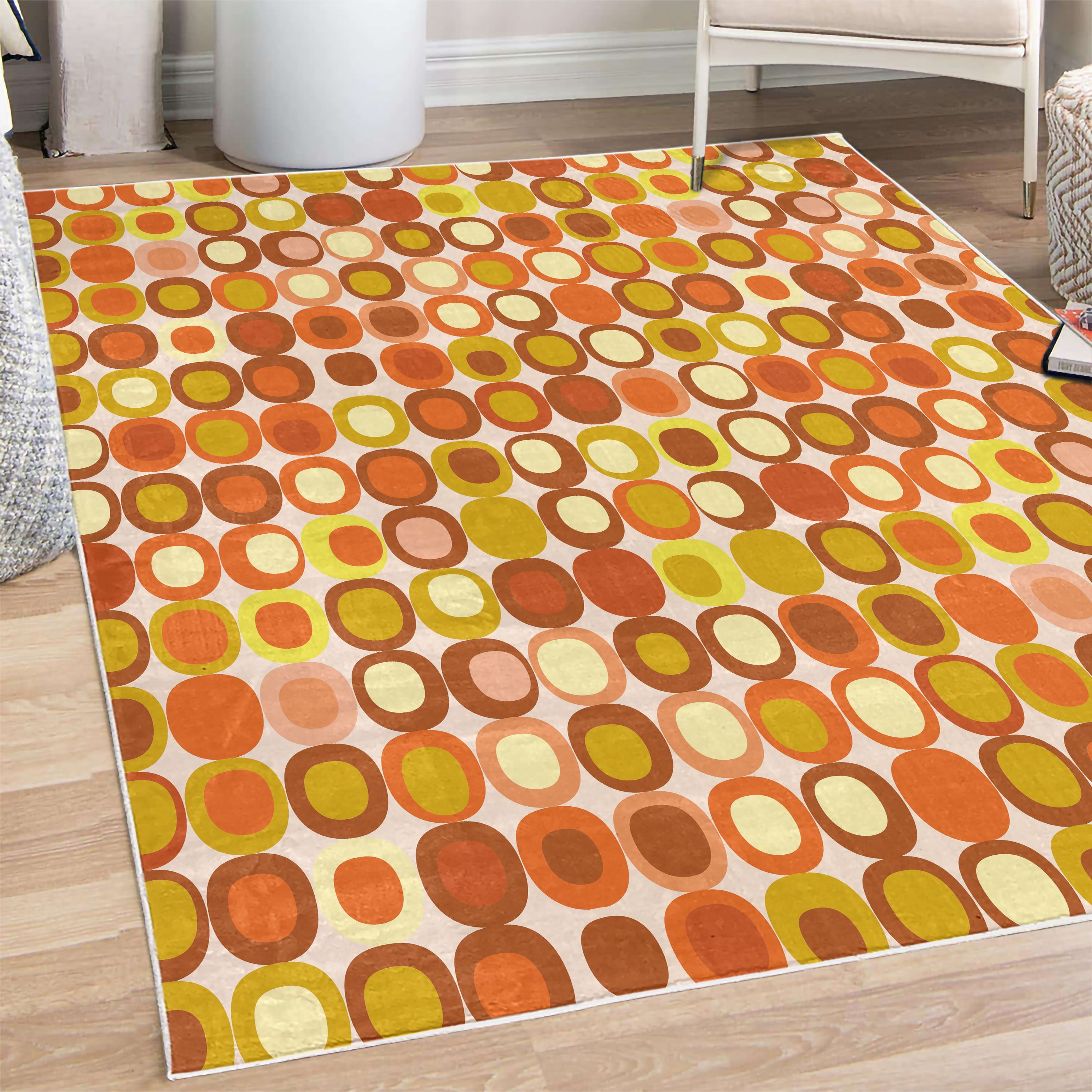 Mid Century Decorative Rug, Retro-Themed Styled Round Edged Mosaic ...