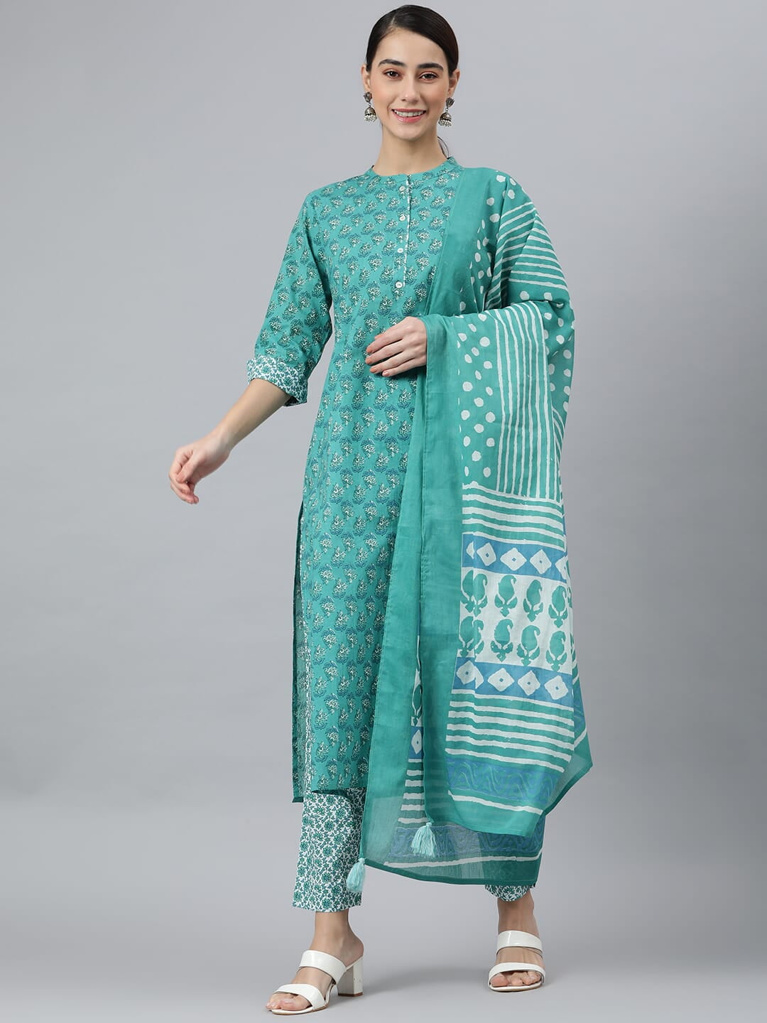 Janasya Indian Mandarin Collar 3/4 Sleeve Block Print Sea Green Cotton ...