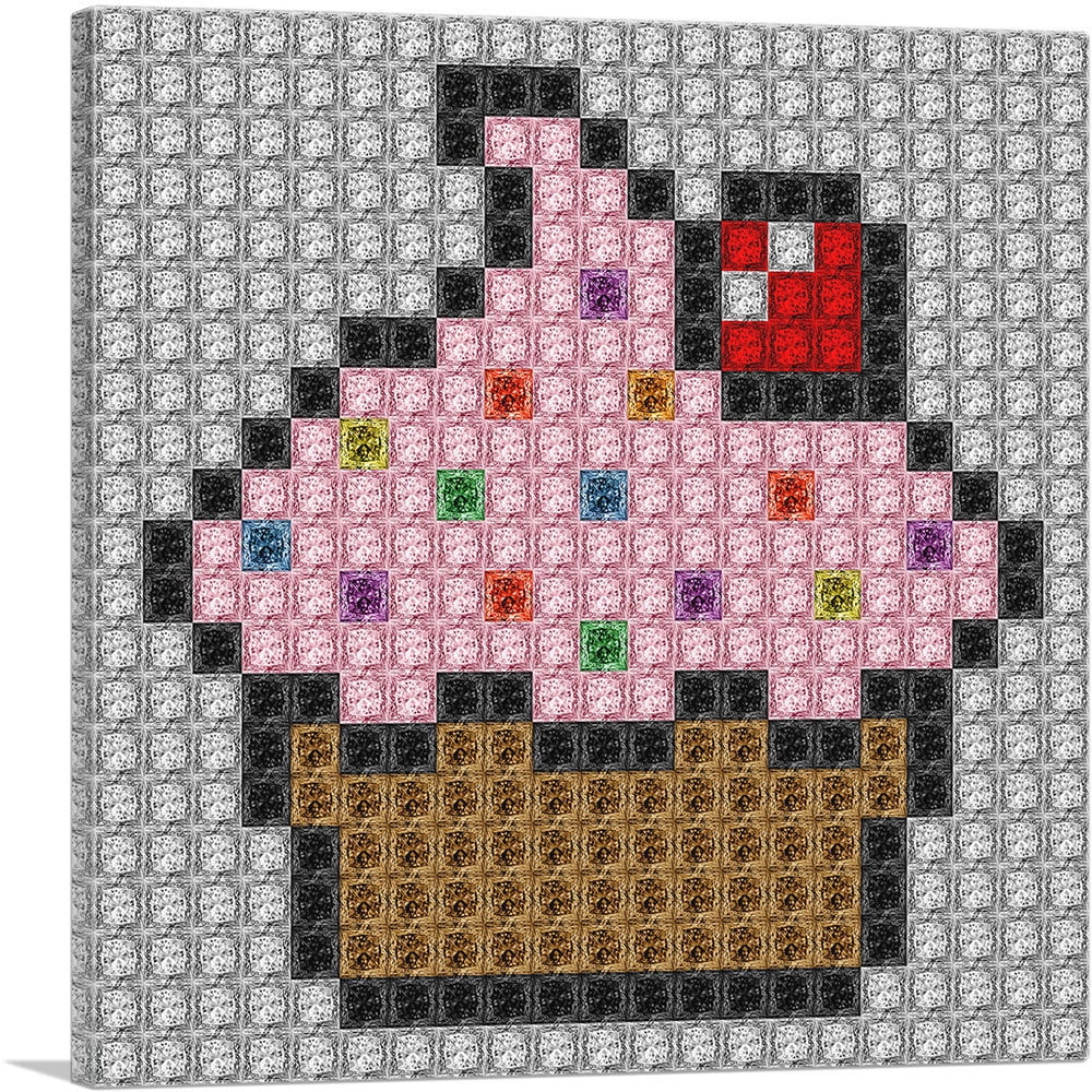 ARTCANVAS Pink Cupcake Emoticon Cake Cherry Jewel Pixel Canvas Art ...