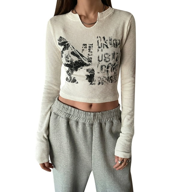 Seyurigaoka Women Ribbed Tops Long Sleeve Solid Color Over Navel Crop
