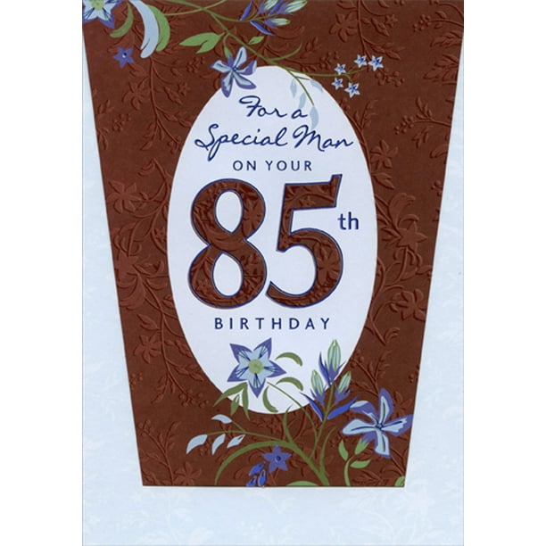 Designer Greetings Blue Flowers on Brown Die Cut Top Fold Age 85 / 85th Birthday Card for Him ...