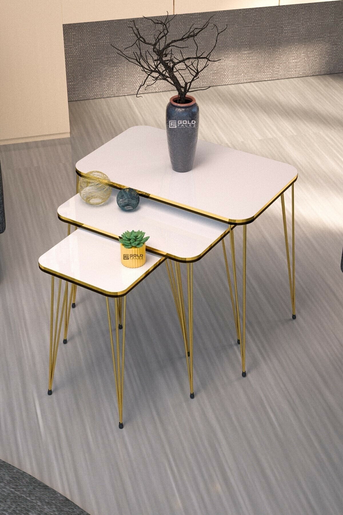 White Nesting Coffee Table with Gold 3-Rod Metal Legs,Rectangular Set ...