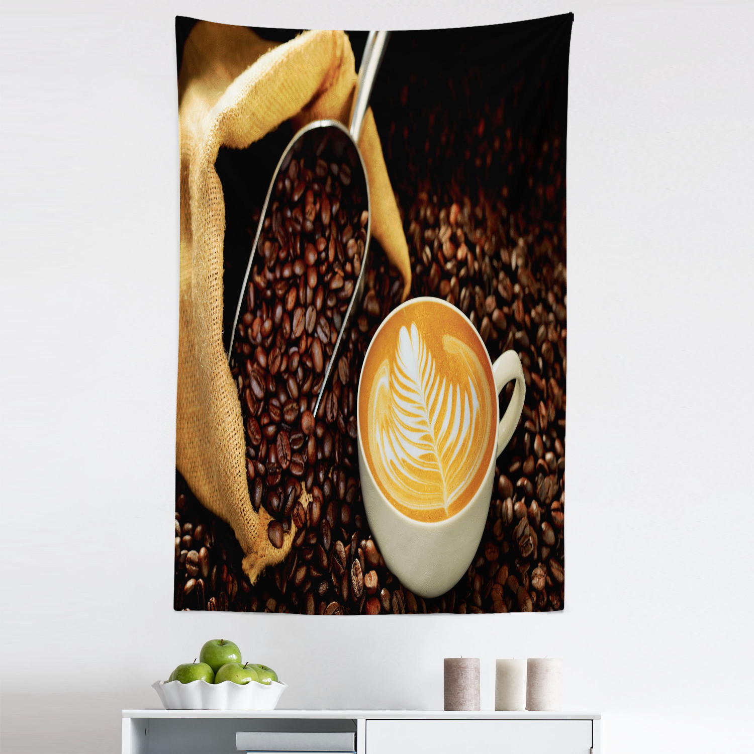 Food Tapestry, Creamy Heart Cup of Latte on Roasted Beans Tasty Drink ...
