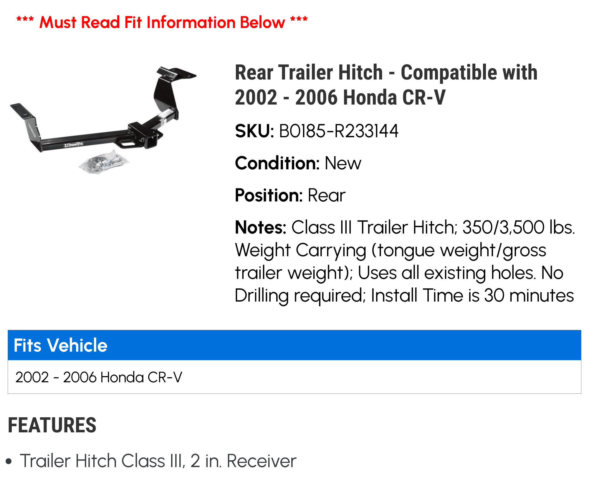 Rear Trailer Hitch Compatible with 2002 2006 Honda CR V 2003 2004 2005