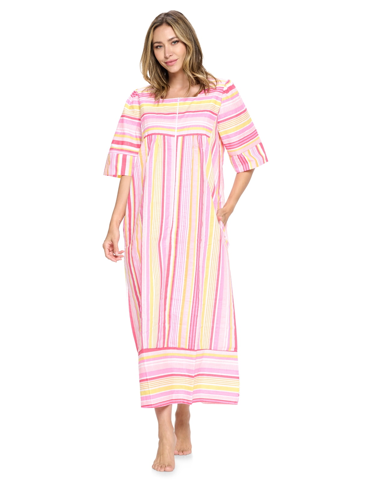 Casual Nights Women's Zip Front Woven House Dress 3/4 Sleeves Housecoat ...