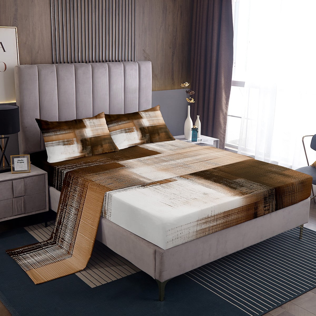 Click here for Erosebridal Brown Geometric Sheet Set Queen  Moder... prices