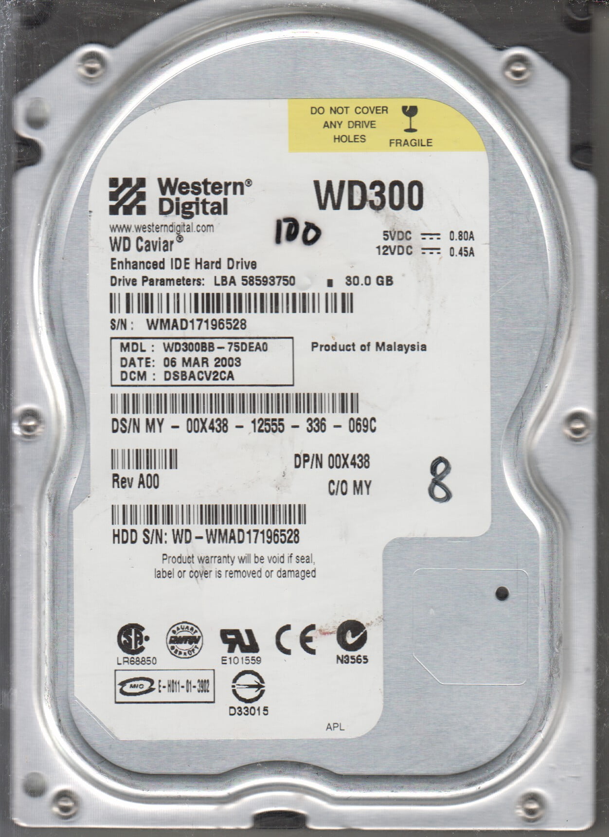 WD300BB-75DEA0, DCM DSBACV2CA, Western Digital 30GB IDE 3.5 Hard Drive ...