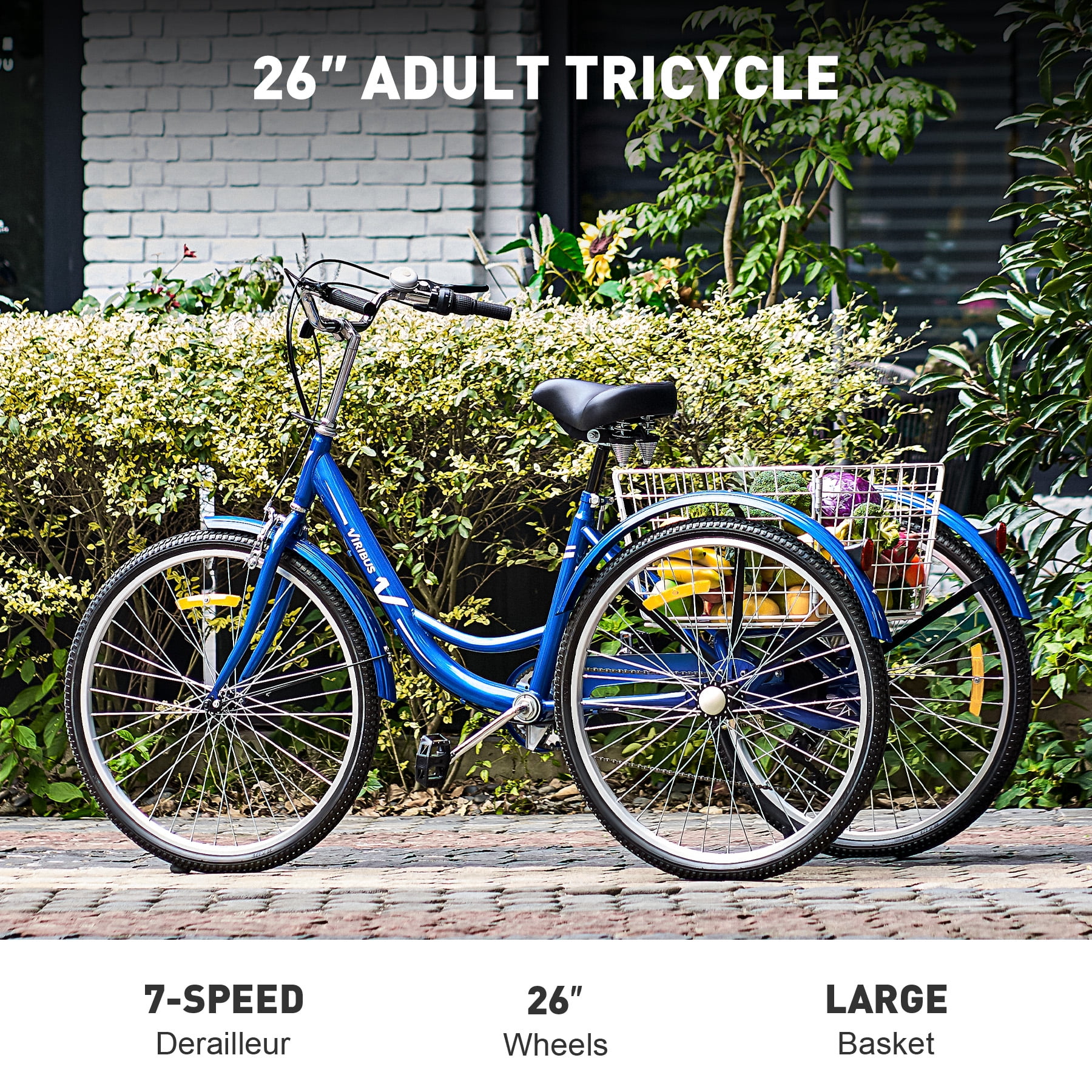 VIRIBUS 26 Inch Three-Wheeler Adult Tricycle, 7 Speed, 3 Wheel Cruiser ...