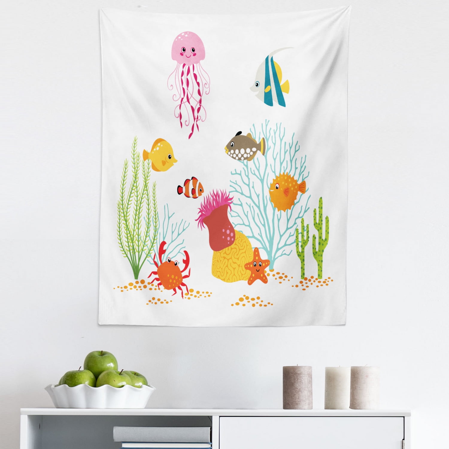 Ocean Tapestry, Aquatic Cartoon Characters Fishes Jellyfish Coral ...