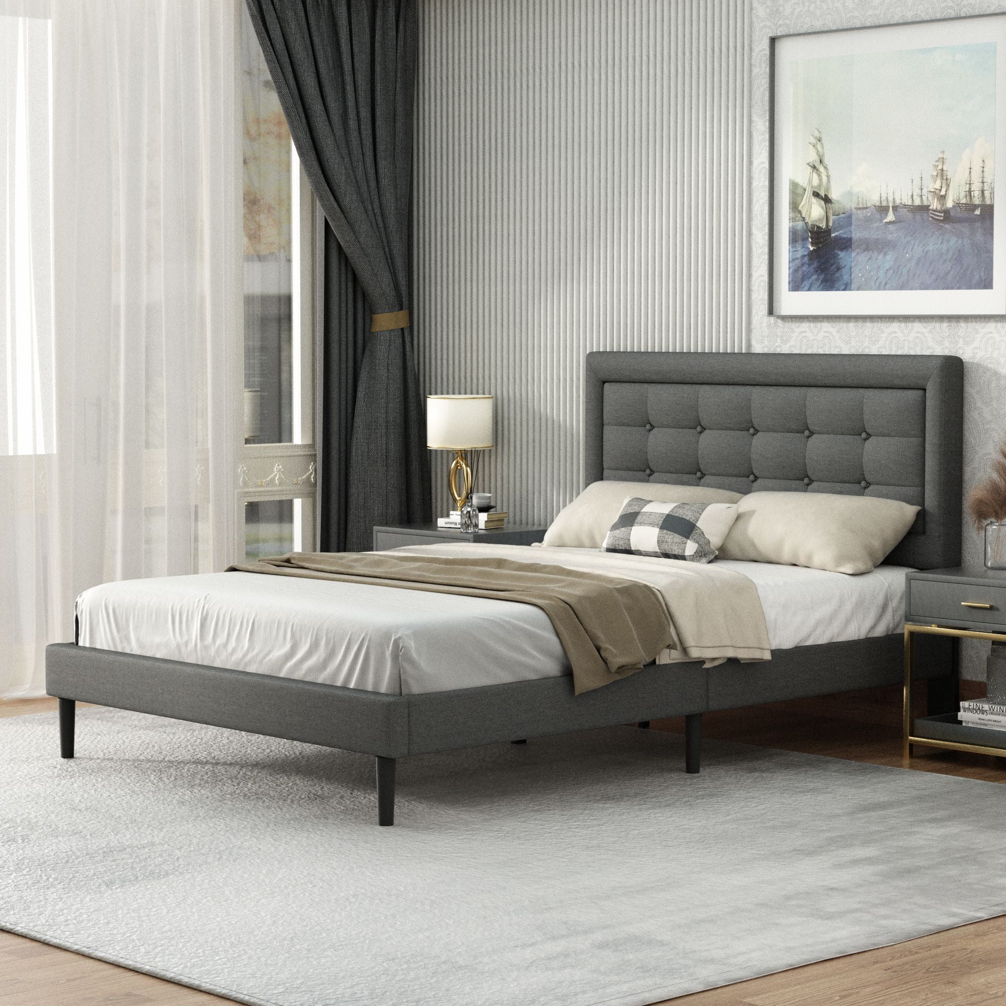 Unizone Full Size Bed Frame with Upholstered Headboard, Modern Tufting ...
