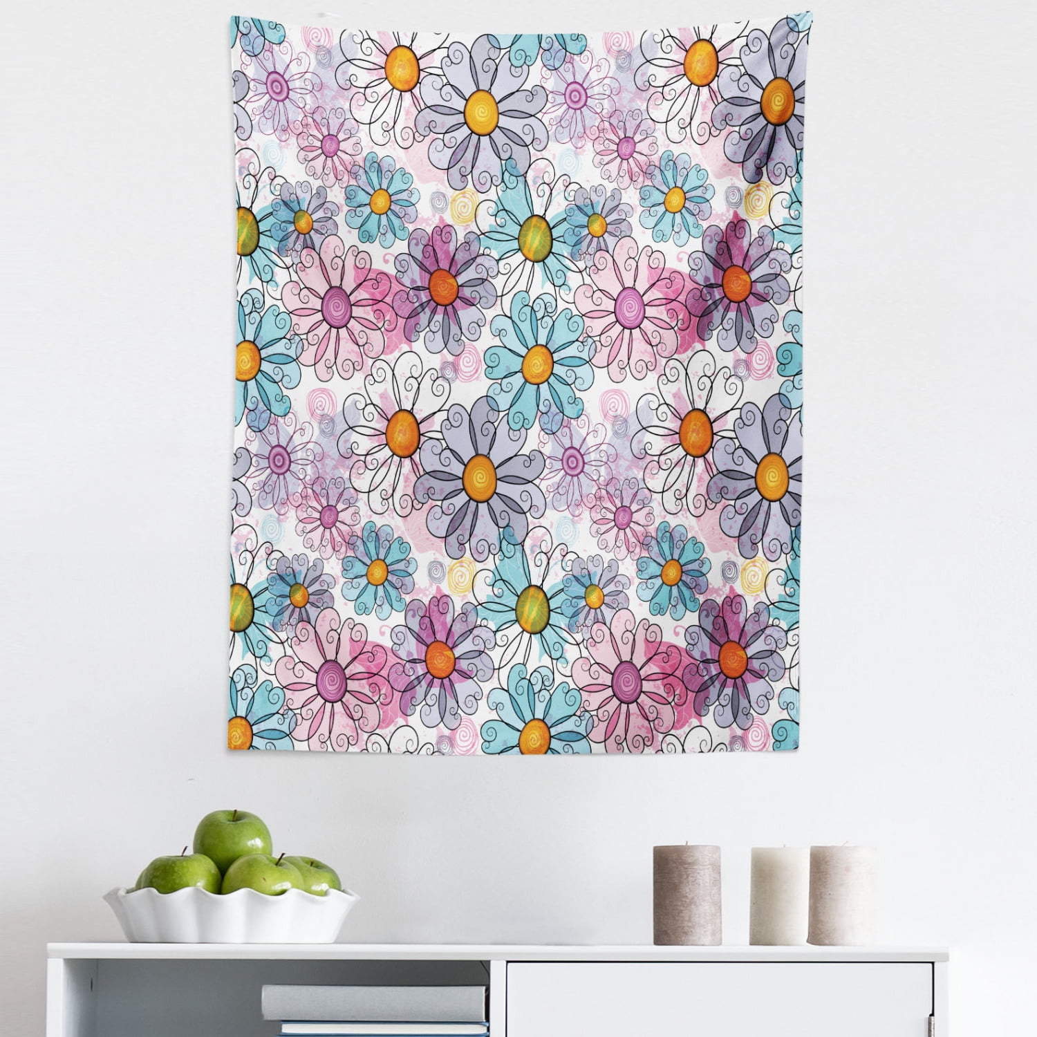 Colorful Tapestry, Retro Spring Floral Pattern Grunge Funky Style ...