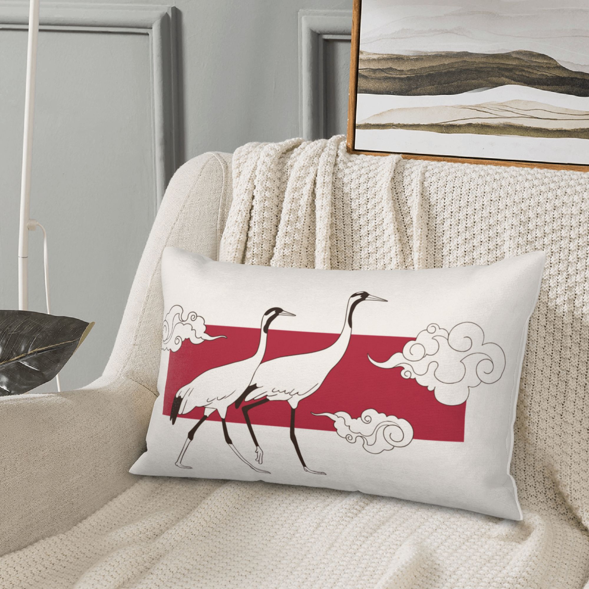 ZNDUO Rectangular Plush Cushion Cover, Japanese Hand Drawn Cranes ...