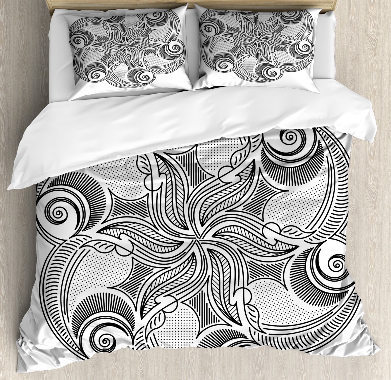 Black and White Queen Size Duvet Cover Set, Ornate Monochrome Floral ...