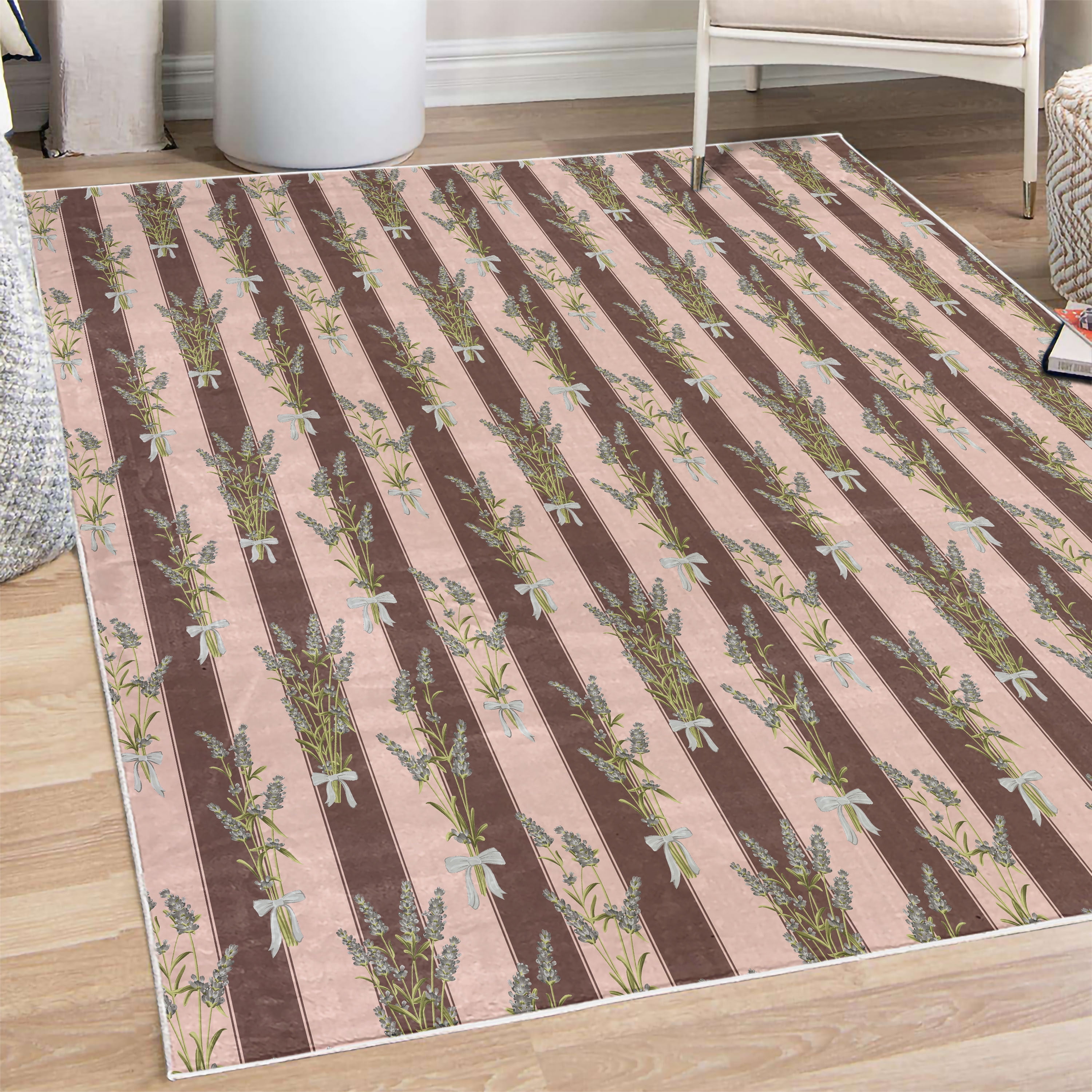 Lavender Decorative Rug, Stripes and Flowers Ribbons Romantic Country ...