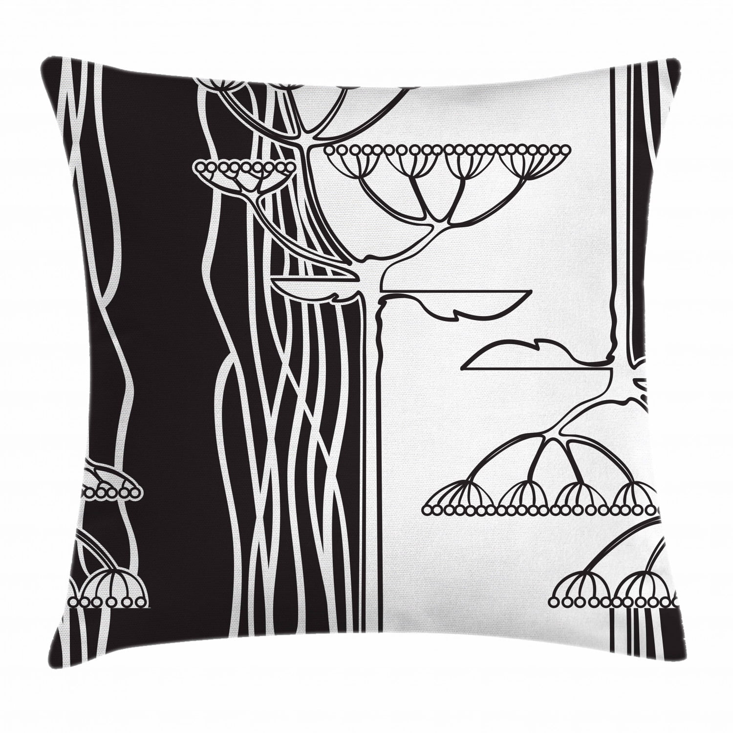 Black and White Throw Pillow Cushion Cover, Abstract Fennel Plants with ...