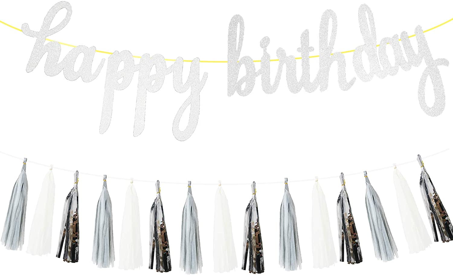 Happy Birthday Banner Silver, Glitter Silver Happy Birthday Banner ...
