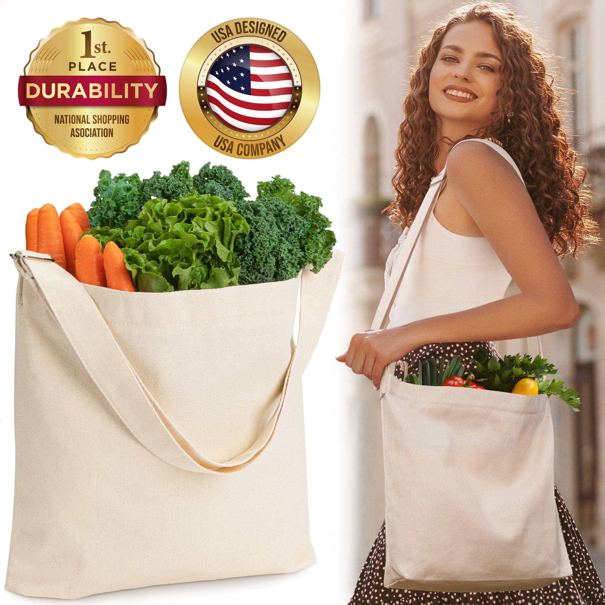 Crossbody Canvas Tote Bag, Ivory W/ Adjustable Strap & 2 Inner Pockets ...