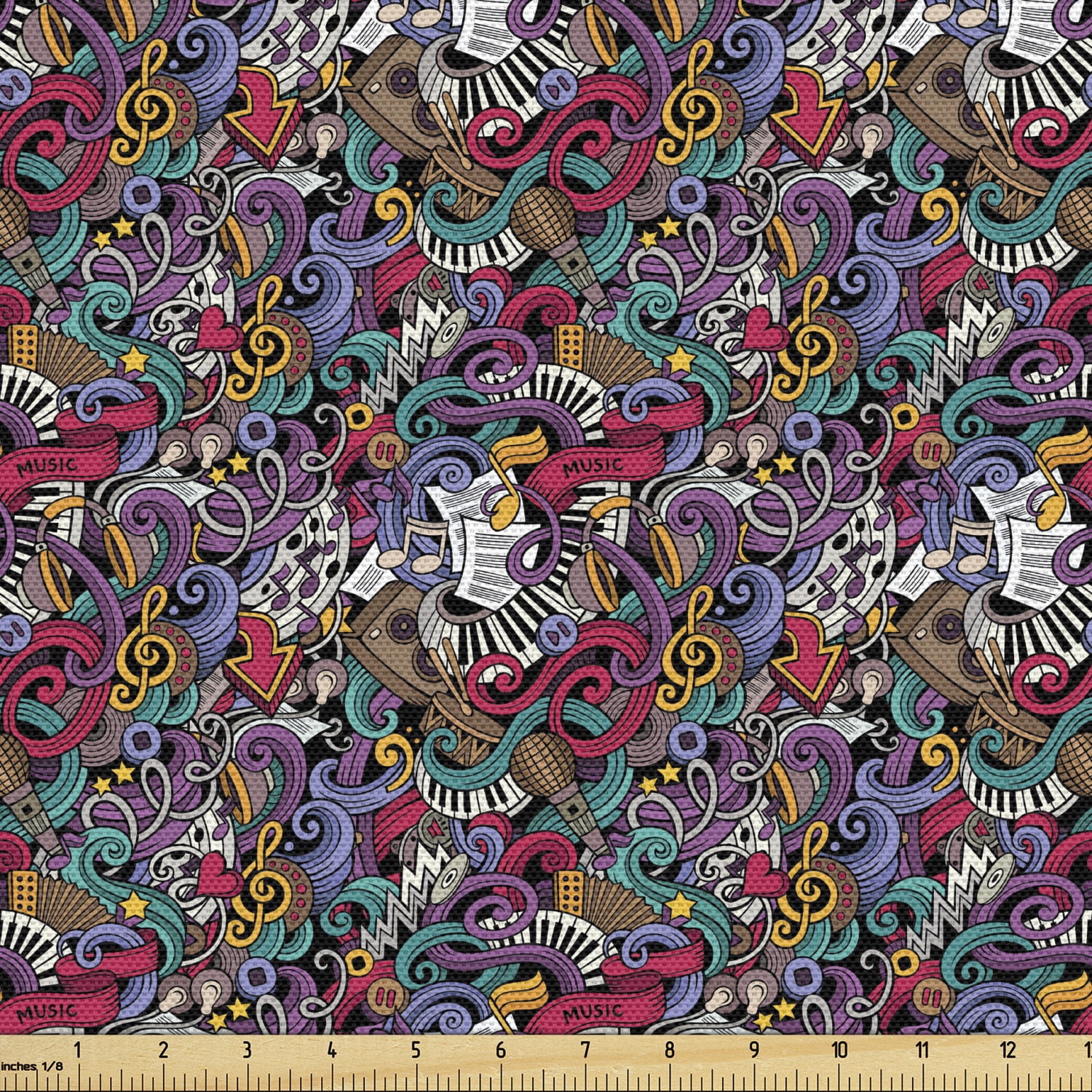 Hipster Sofa Upholstery Fabric by the Yard, Music Themed Hand Drawn ...