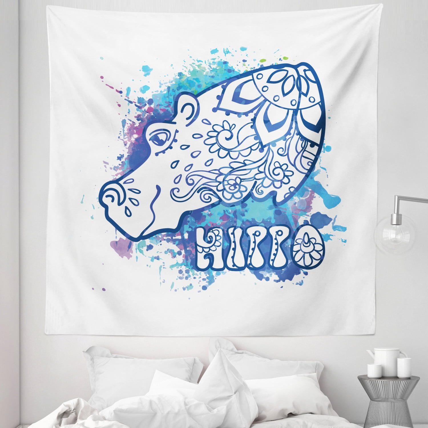 Hippo Tapestry, Bohemian Hippie Style Word and Hippo Head Shape ...