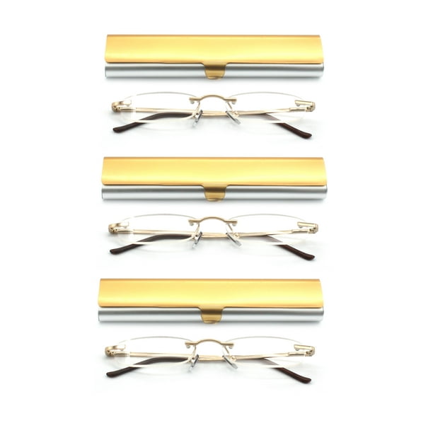 EYE ZOOM Compact 3 Pack Rimless Reading Glasses with Slim Gold and ...