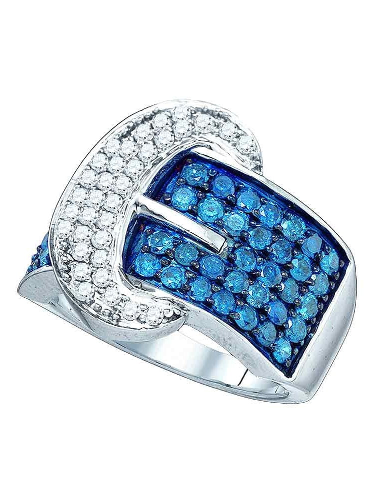 Size 6.5 - 10k White Gold Round Blue Diamond Belt Buckle Band Ring 1-7/ ...