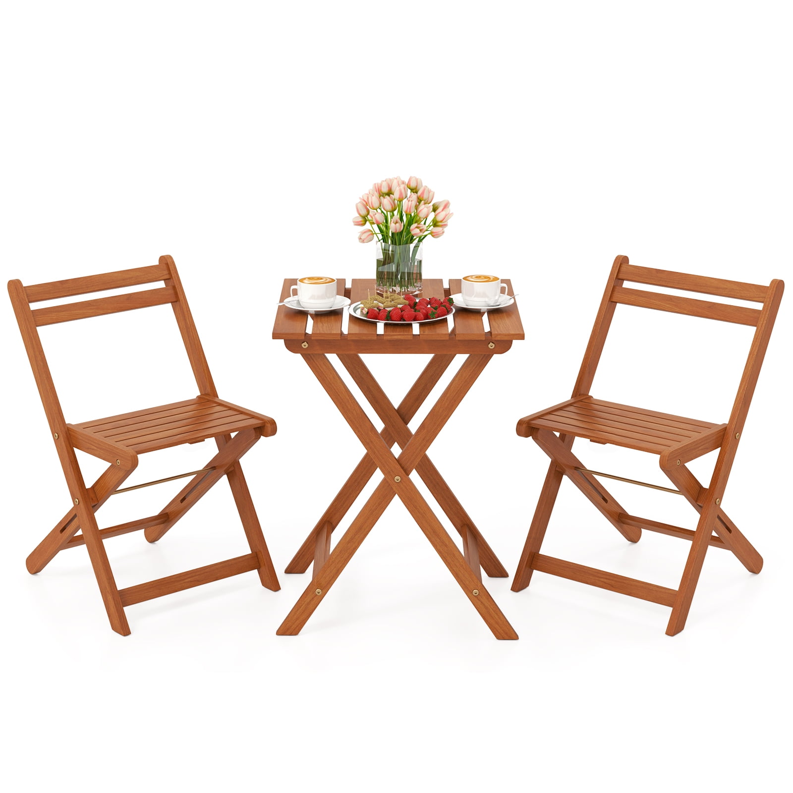 Click here for Gymax 3 Pcs Outdoor Wood Bistro Set W/ 2 Folding C... prices