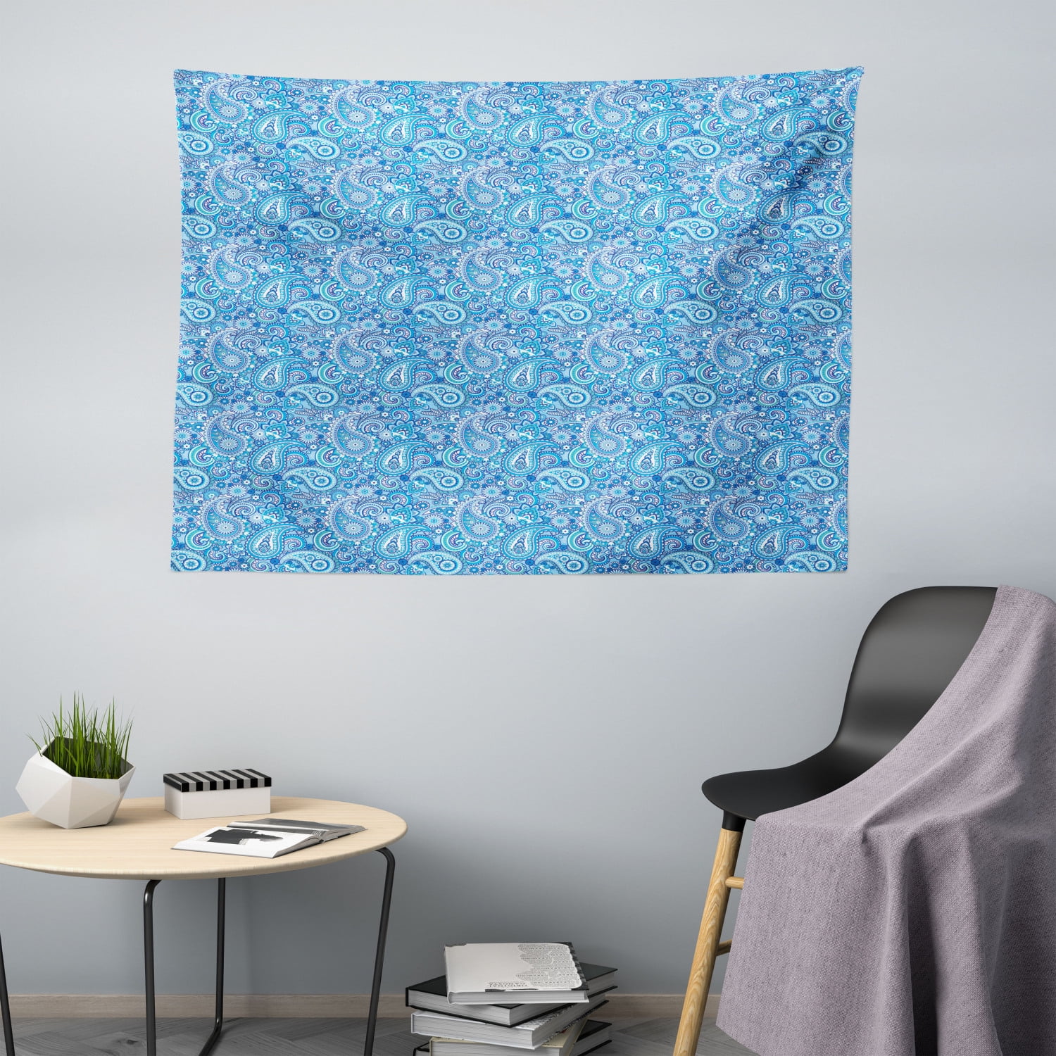 Blue Paisley Tapestry, Repetitive Folk Art Pine Cone Shaped Motif in ...