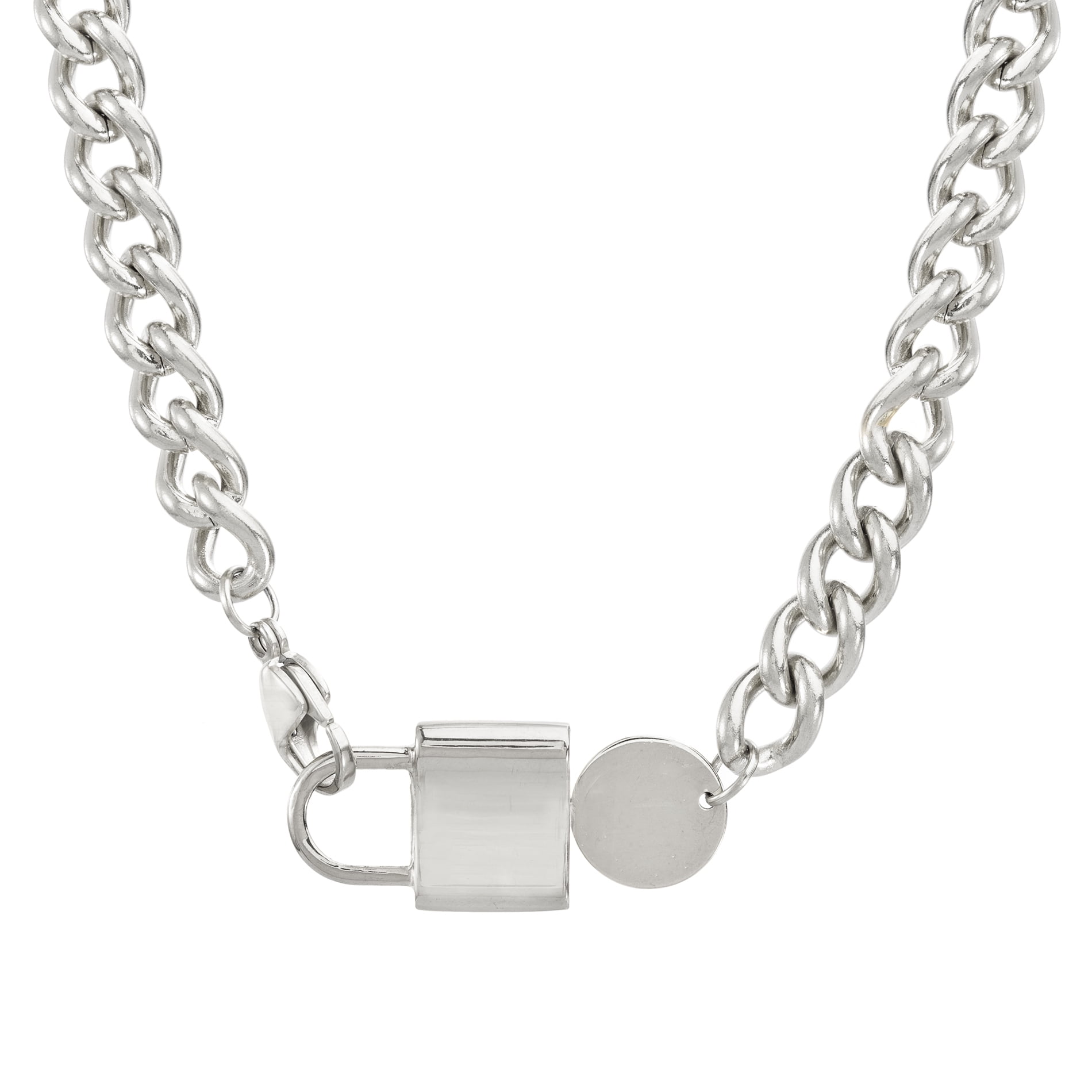 Silver-Tone Stainless Steel Lock and Key Curb Chain Necklace - Walmart.com
