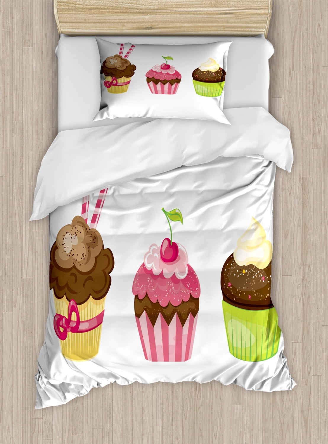 Dessert Twin Size Duvet Cover Set, Puffy Party Cupcakes Rolled Wafers ...
