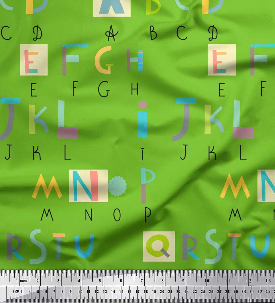 Soimoi Green Silk Fabric Colorful Alphabets Text Print Fabric by the ...