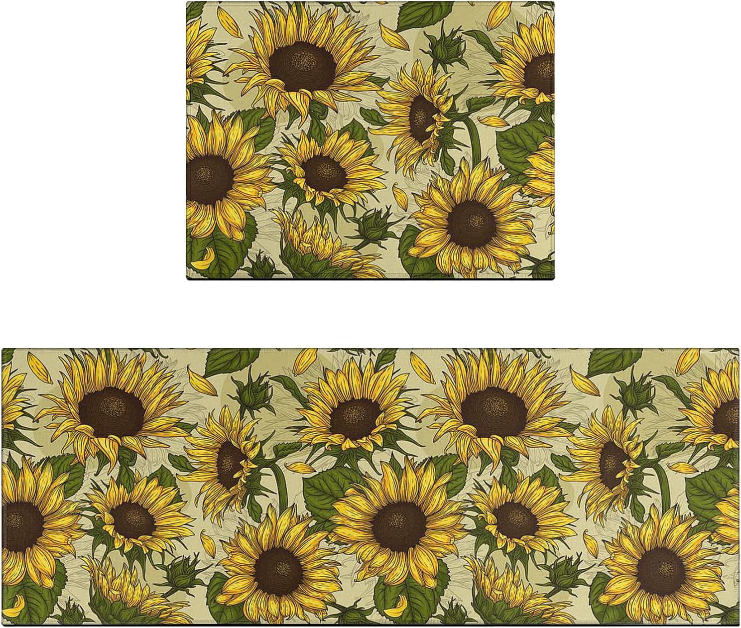Sunflower Kitchen Rugs 2 Piece Set Non-Slip Washable Floral Kitchen Rug ...