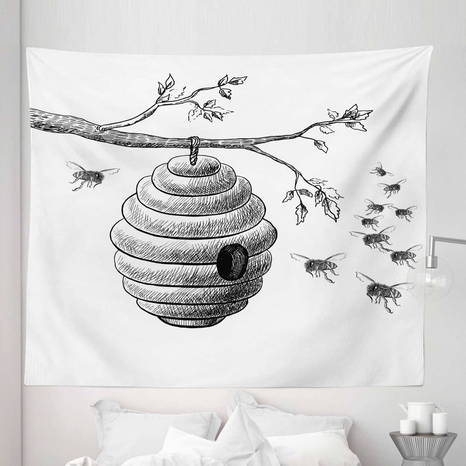 Nature Tapestry, Sketchy Hand Drawn Image of Honeycomb Bees Leaves ...