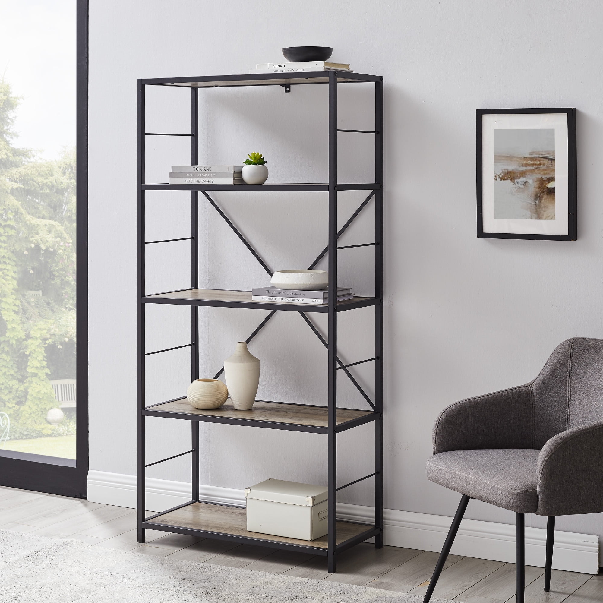 Manor Park Rustic Metal and Media Bookshelf Bookcase, Grey Wash ...