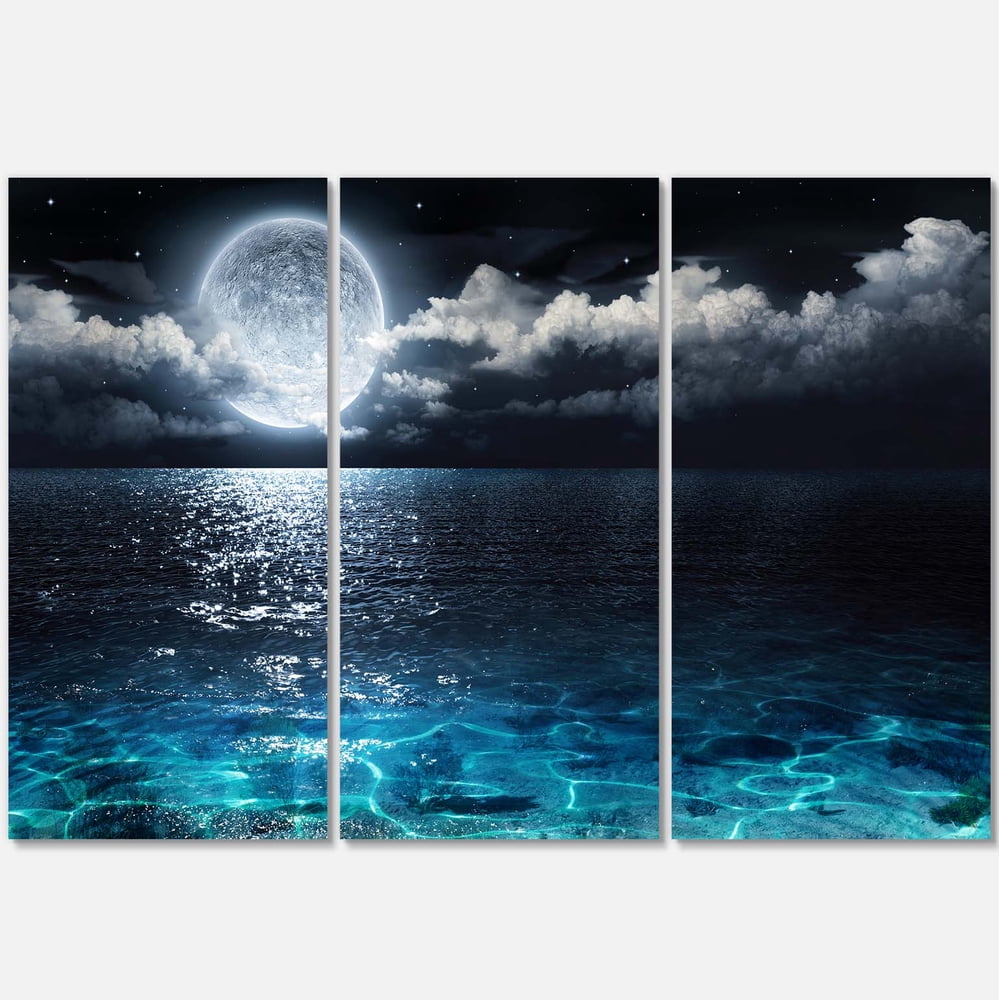 Designart 'Romantic Full Moon Over Sea ' Seascape Canvas Art Print ...