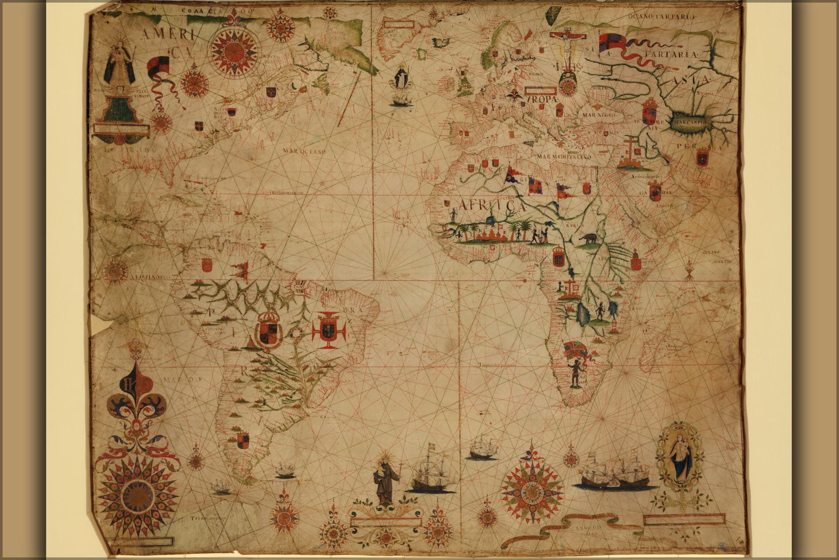 24"x36" Gallery Poster, portolan chart map of the Atlantic Ocean 1633 ...